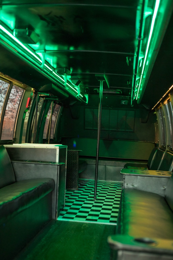 Orange Party Bus (Interior, Rear, Green Lighting, View 1) | KC Night Train